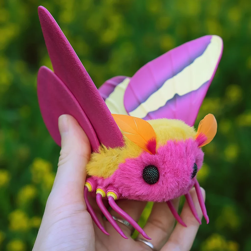 Rosy Maple Moth Doll – a little creature with yellow and pink wings