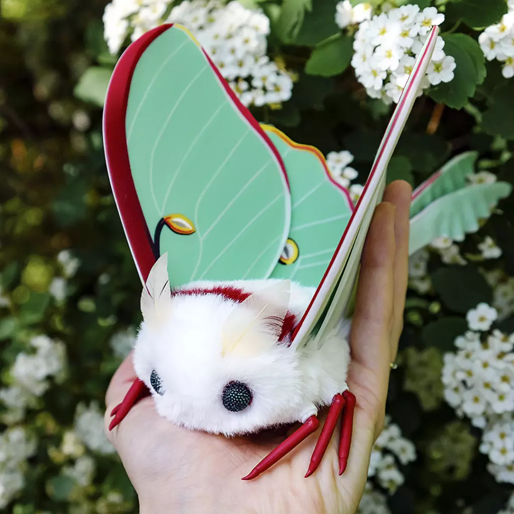 Luna Moth Doll: Handcrafted Plush Insect with Polymer Clay Wings